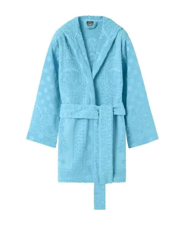 Versace Long-sleeved Hooded Belted Bathrobe - Blue