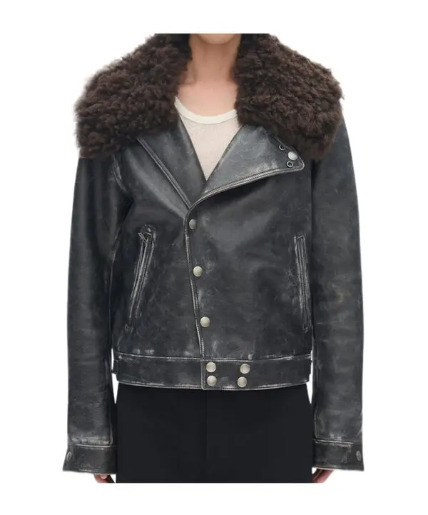 ANN DEMEULEMEESTER Long-sleeved Leather Jacket With Removable Shearling Collar