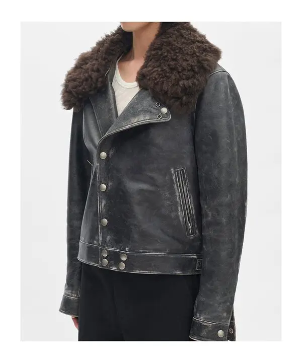 ANN DEMEULEMEESTER Long-sleeved Leather Jacket With Removable Shearling Collar