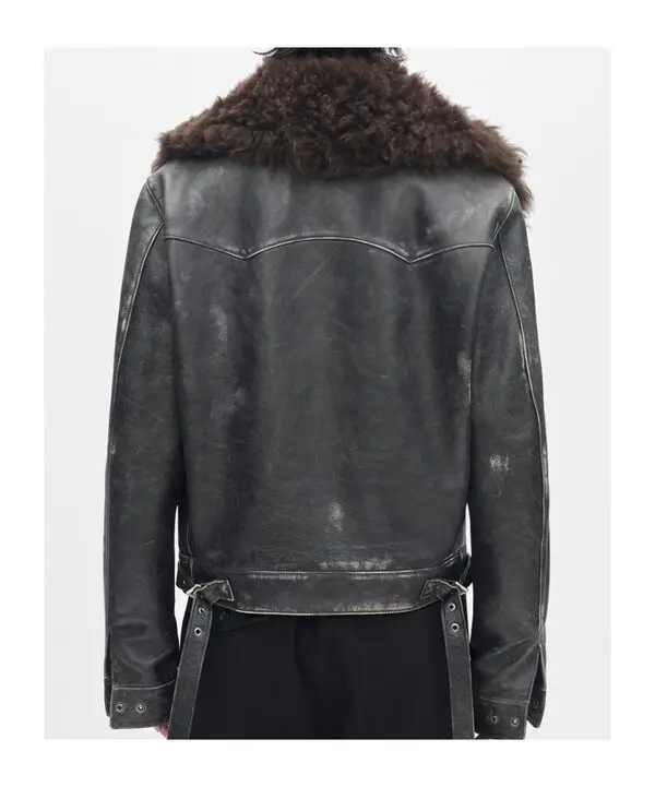 ANN DEMEULEMEESTER Long-sleeved Leather Jacket With Removable Shearling Collar