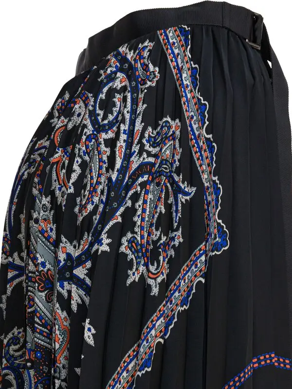 Sacai Paisley Printed Pleated Midi Skirt - Black