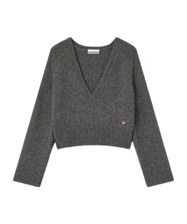 GANNI V-neck Jumper With Ribbed Details - Phantom Black