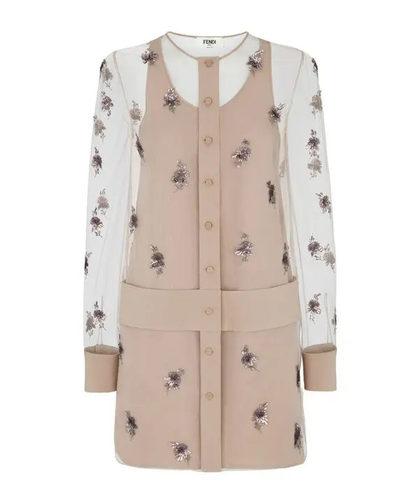 Fendi Floral Embellished Sheer Sleeved Mini Dress - Nude