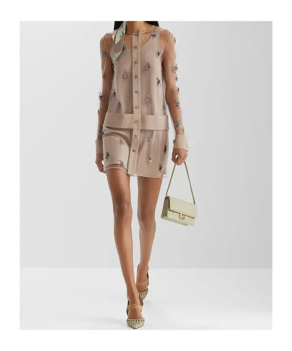 Fendi Floral Embellished Sheer Sleeved Mini Dress