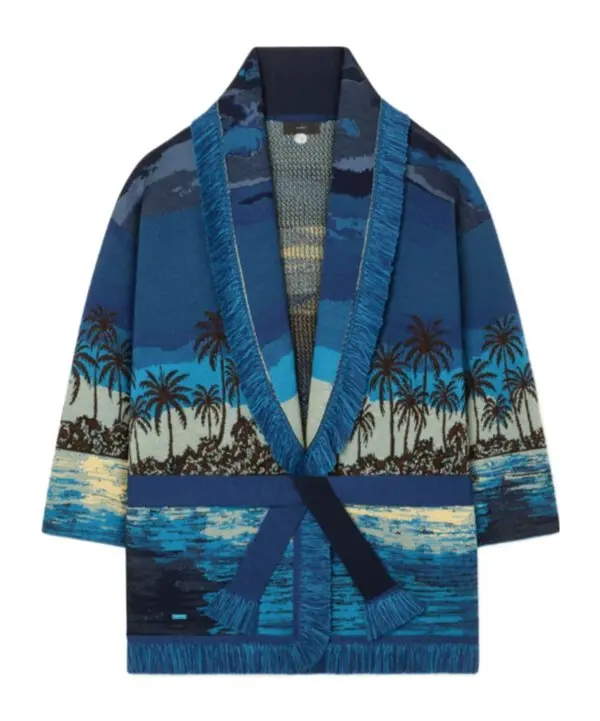 Alanui Fringed Jacquard Belted Cardigan - Dark Blue/multicolour