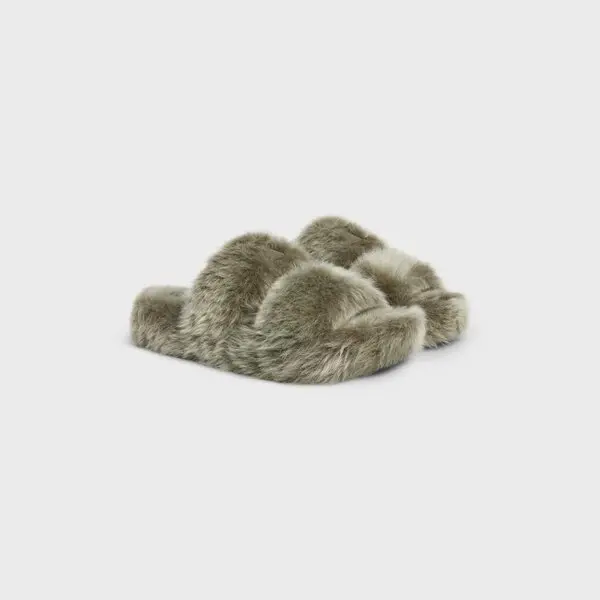 Celine Triomphe Shearling Slipper - Khaki