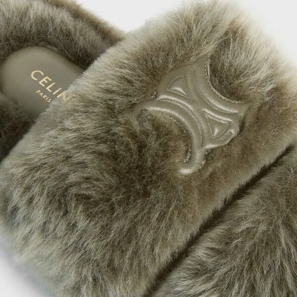 Celine Triomphe Shearling Slipper - Khaki