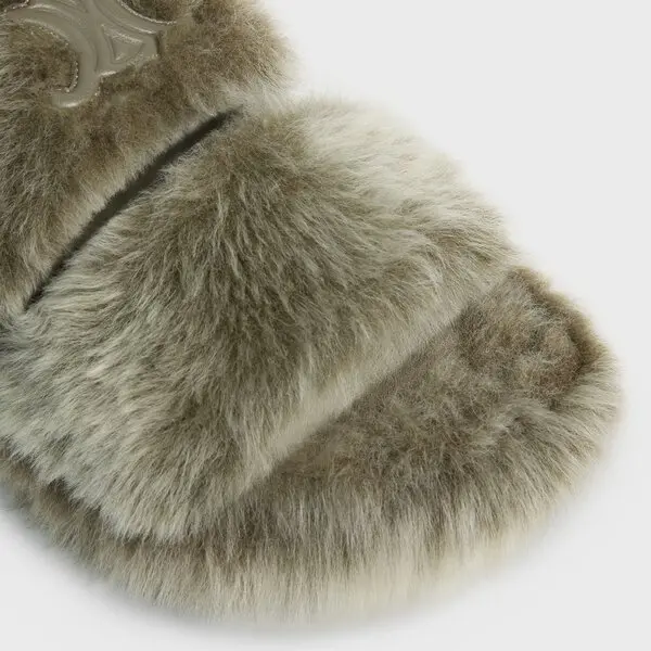 Celine Triomphe Shearling Slipper - Khaki