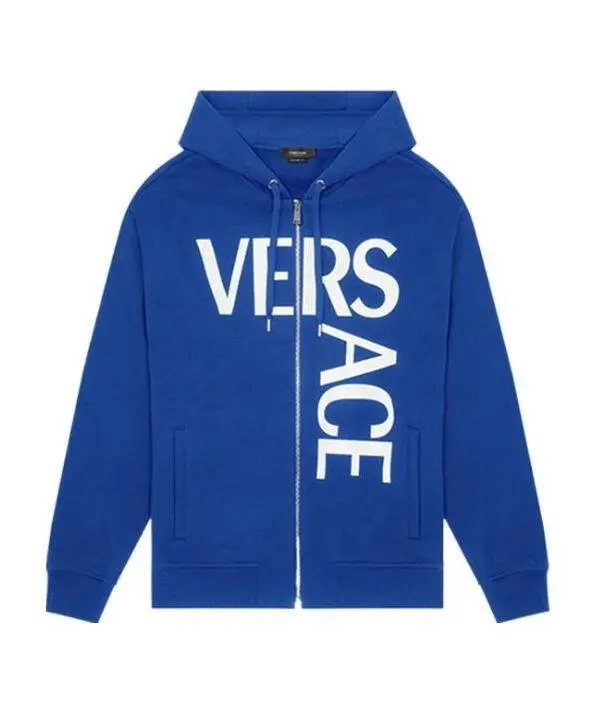Versace Logo Hooded Zip-up Sweater - Blue