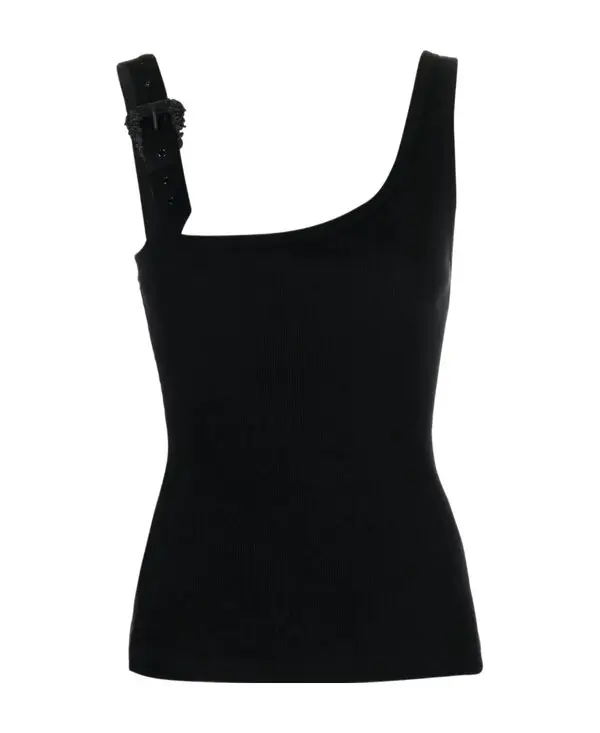 Versace Ribbed Tank Top With Embellished Shoulder Straps - Black