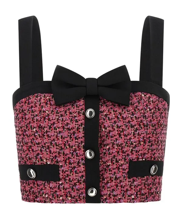 Alessandra Rich Embellished Tweed Top With Bow Detail