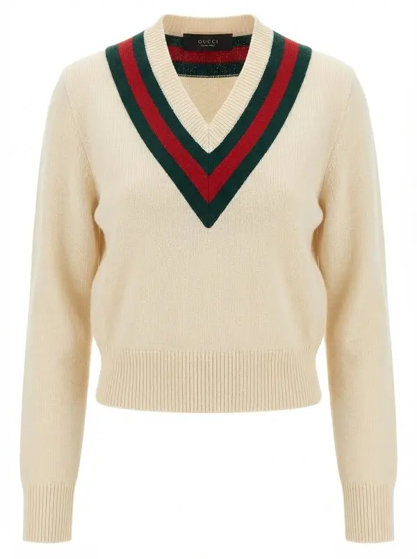 Gucci V-neck Fine Knit Jumper With Web Detail