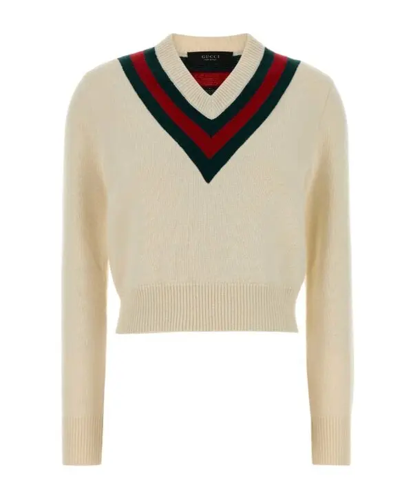 Gucci V-neck Fine Knit Jumper With Web Detail