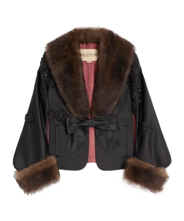Valentino Garavani Long-sleeved Shawl With Rose Embroidery And Fur Trim - Black