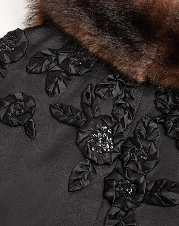 Valentino Garavani Long-sleeved Shawl With Rose Embroidery And Fur Trim