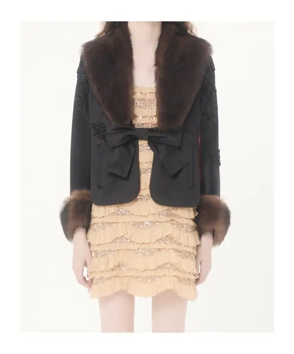 Valentino Garavani Long-sleeved Shawl With Rose Embroidery And Fur Trim