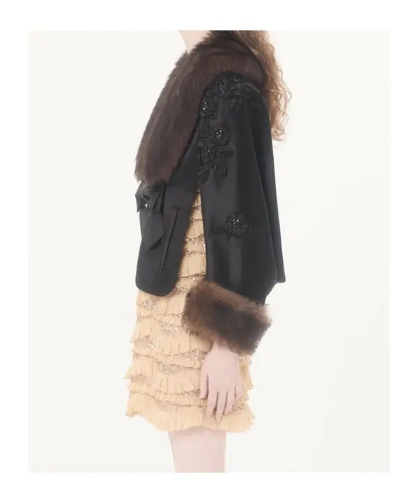 Valentino Garavani Long-sleeved Shawl With Rose Embroidery And Fur Trim