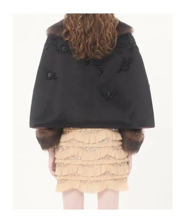 Valentino Garavani Long-sleeved Shawl With Rose Embroidery And Fur Trim