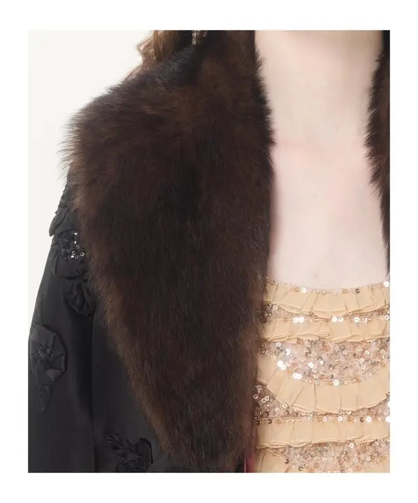 Valentino Garavani Long-sleeved Shawl With Rose Embroidery And Fur Trim