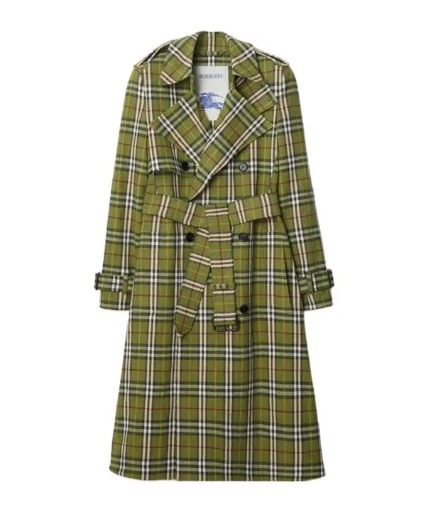 Burberry Double Breasted Belted Checked Trench Coat - Caper