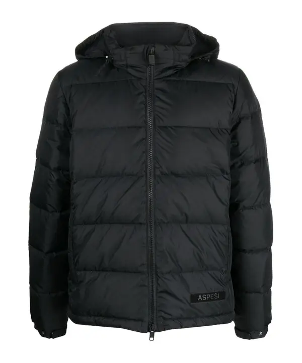 Aspesi Padded Zip Up Jacket With Logo Patch - Black