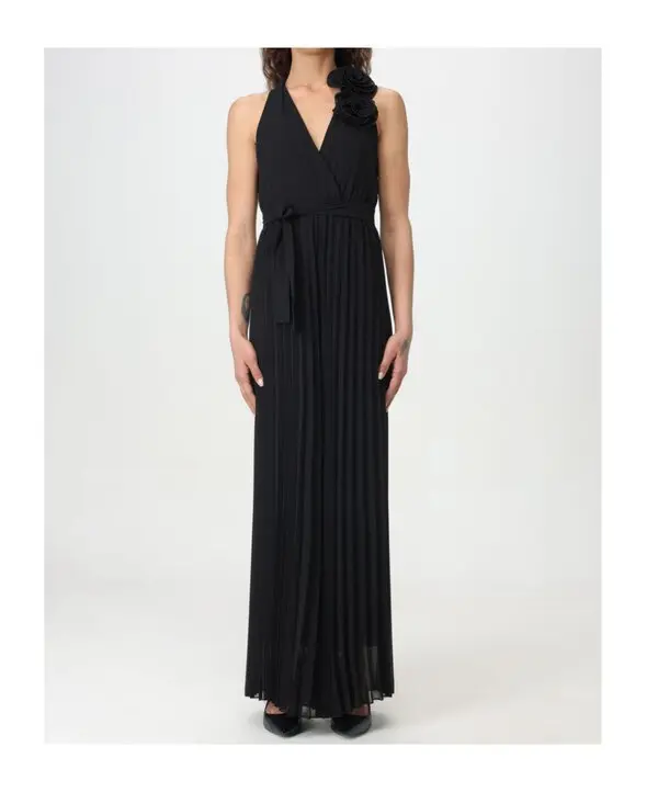 KAOS Crossover Neckline Pleated Jumpsuit With Floral Embellishment - Black