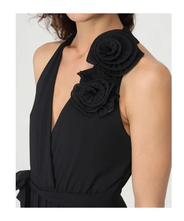 KAOS Crossover Neckline Pleated Jumpsuit With Floral Embellishment