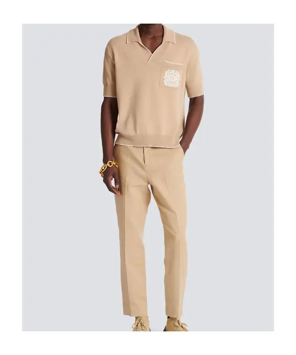Balmain Cusson Embroidered Knit Polo Shirt - Beige