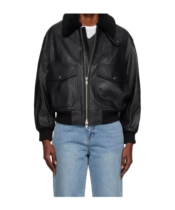 DUNST Leather Zip Up Jacket With Spread Collar