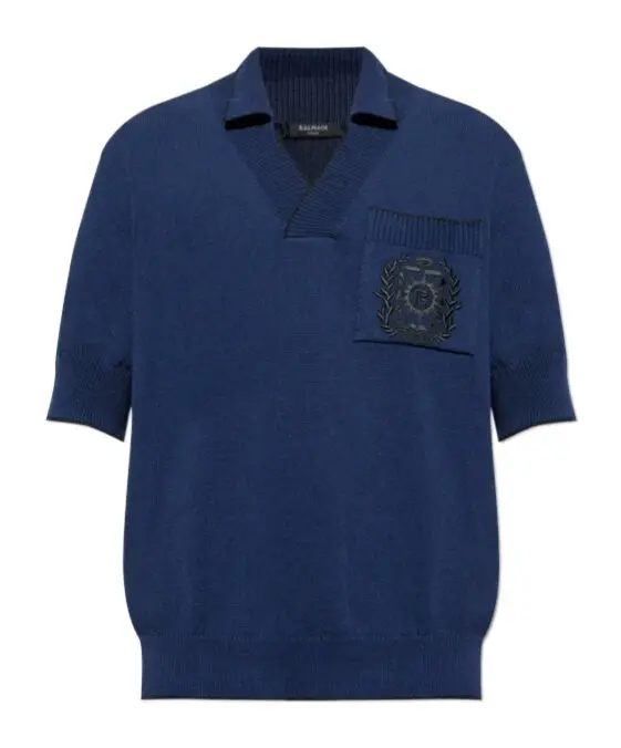 Balmain Cusson Embroidered Knit Polo Shirt - Navy Blue
