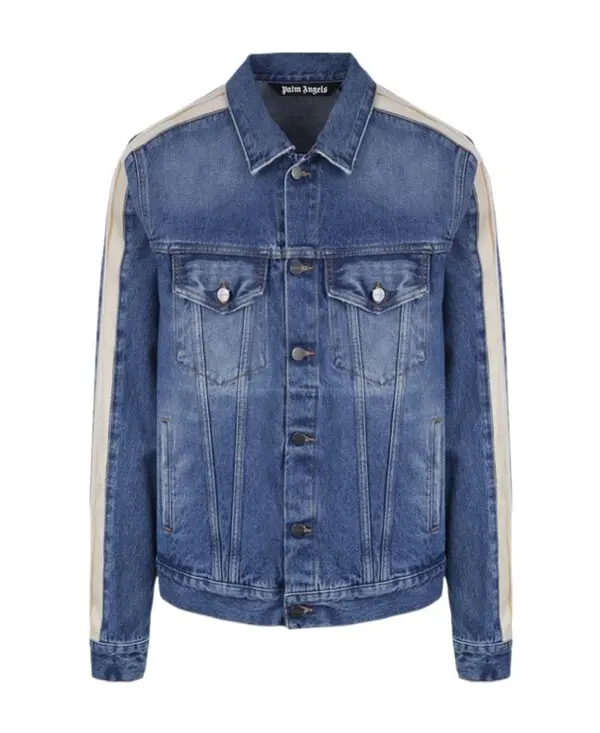 Palm Angels Logo Denim Track Jacket With Striped Sleeves - Blue