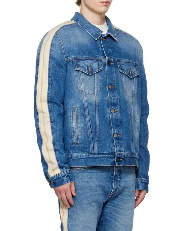 Palm Angels Logo Denim Track Jacket With Striped Sleeves - Blue