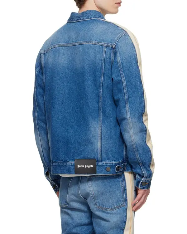 Palm Angels Logo Denim Track Jacket With Striped Sleeves - Blue