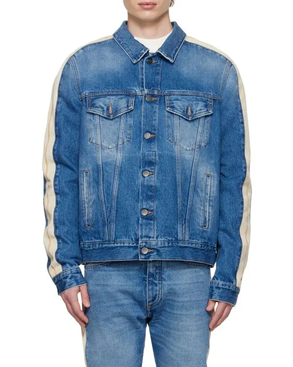 Palm Angels Logo Denim Track Jacket With Striped Sleeves - Blue