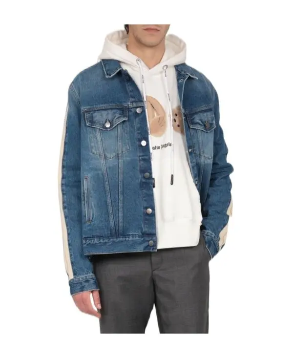 Palm Angels Logo Denim Track Jacket With Striped Sleeves - Blue