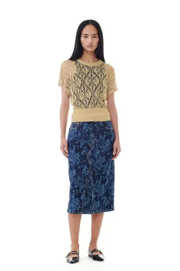GANNI Lazer Denim Midi Skirt