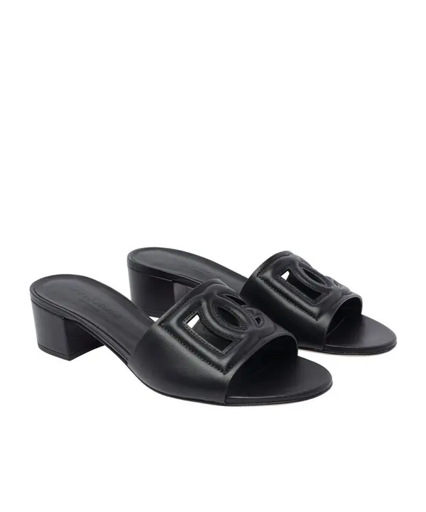 Dolce & Gabbana Cut-out Logo Detailed Block Heel Slides - Black