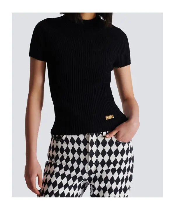 Balmain Logo Plaque Ribbed Knit Top