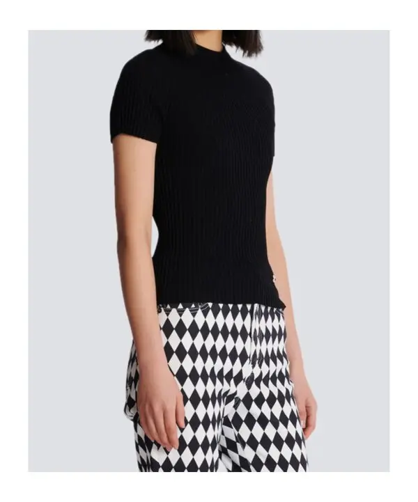 Balmain Logo Plaque Ribbed Knit Top