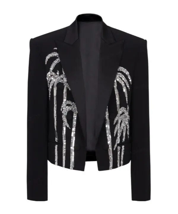 Balmain Cropped Crepe Jacket With Palm Tree Embroidery - Black