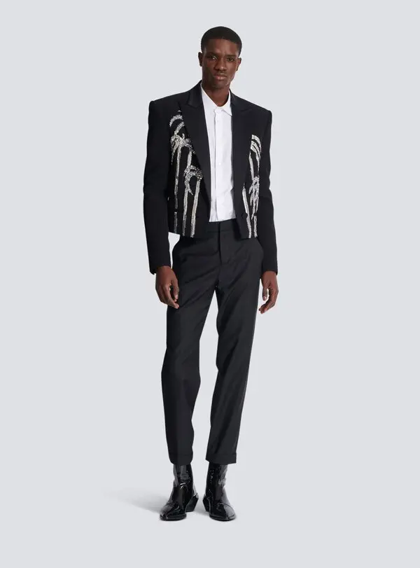 Balmain Cropped Crepe Jacket With Palm Tree Embroidery