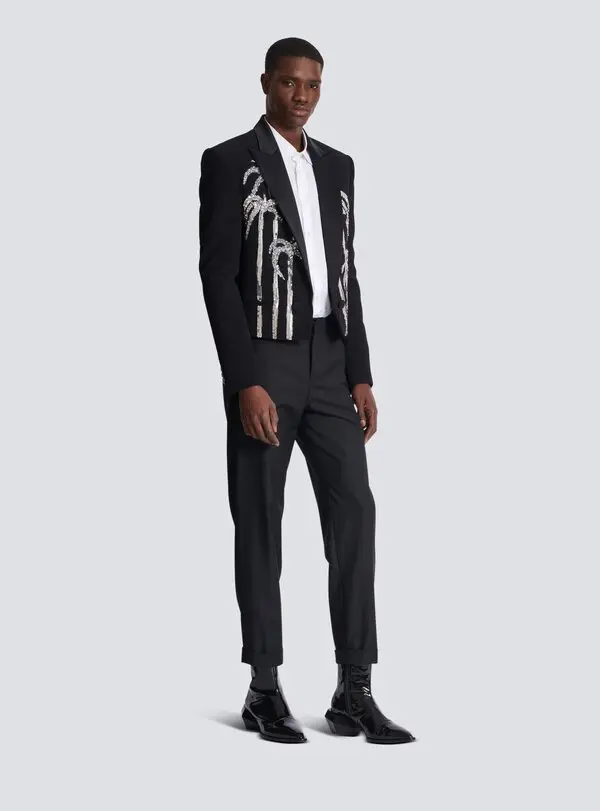 Balmain Cropped Crepe Jacket With Palm Tree Embroidery