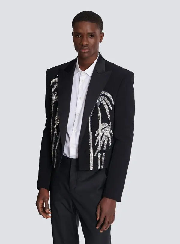 Balmain Cropped Crepe Jacket With Palm Tree Embroidery