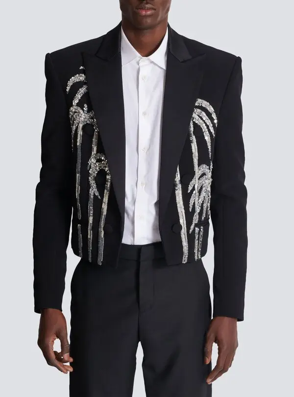 Balmain Cropped Crepe Jacket With Palm Tree Embroidery