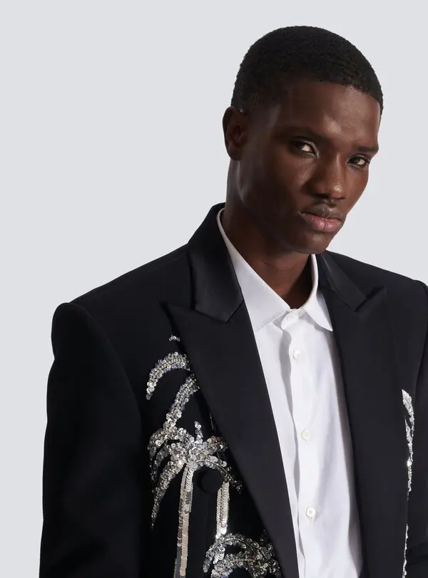 Balmain Cropped Crepe Jacket With Palm Tree Embroidery