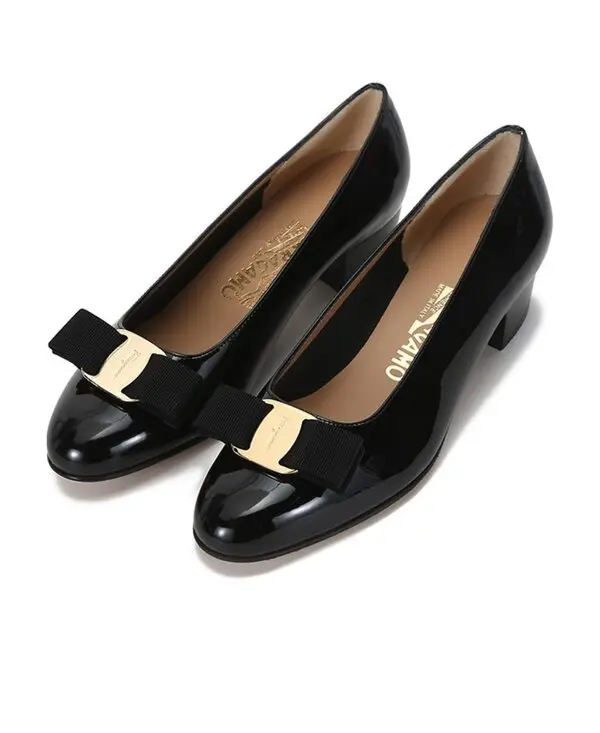 FERRAGAMO Patent Bow Detail Low Heel Pumps - Black