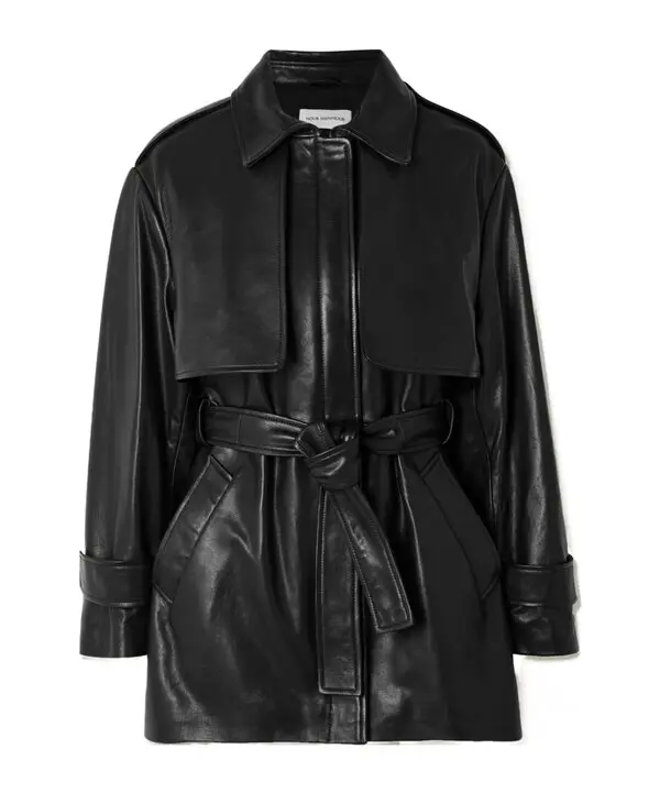 Nour Hammour Priya Belted Paneled Leather Jacket - Black