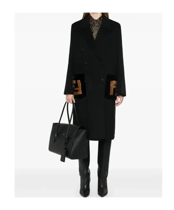 Fendi Double Breasted Trench Coat With Fur Pockets - Black