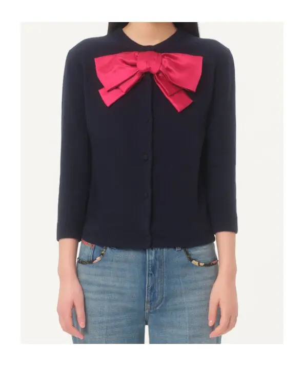 Valentino Garavani Navy Blue Cardigan With Red Bow Detail