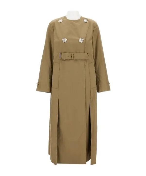Simone Rocha Round Neck Belted Coat With Beaded Floral Detail